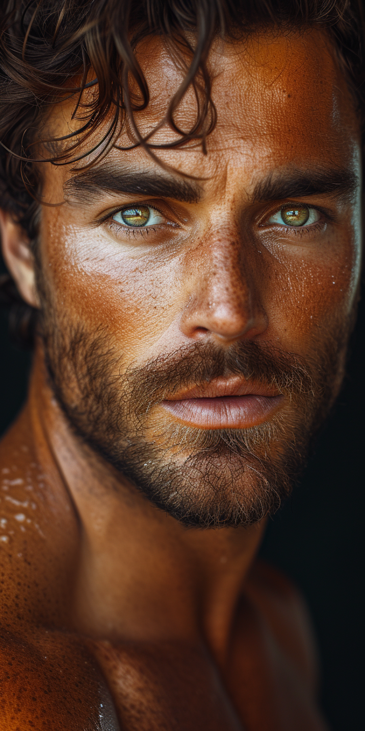 Bronzed Intensity Hyperrealism Portrait Of Esteban Vicente Olive Skinned Male Model With Long