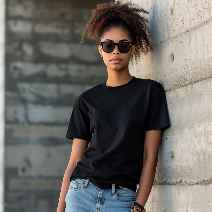 Empowerment in Monochrome: Boldly Black T-Shirt Model with a Serious ...