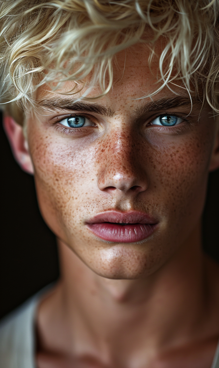 Deep Gaze: Hyperrealistic Portrait of Andor Basch, Swedish Male Model with Freckles and Blue ...