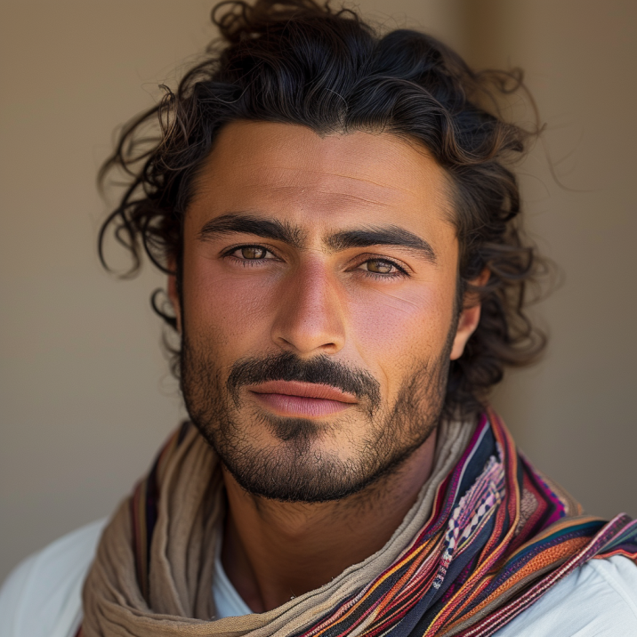 Qajar Serenity: Character Portrait of Algerian Male Model Abdullah Gërguri with Intense Gaze | iFoto