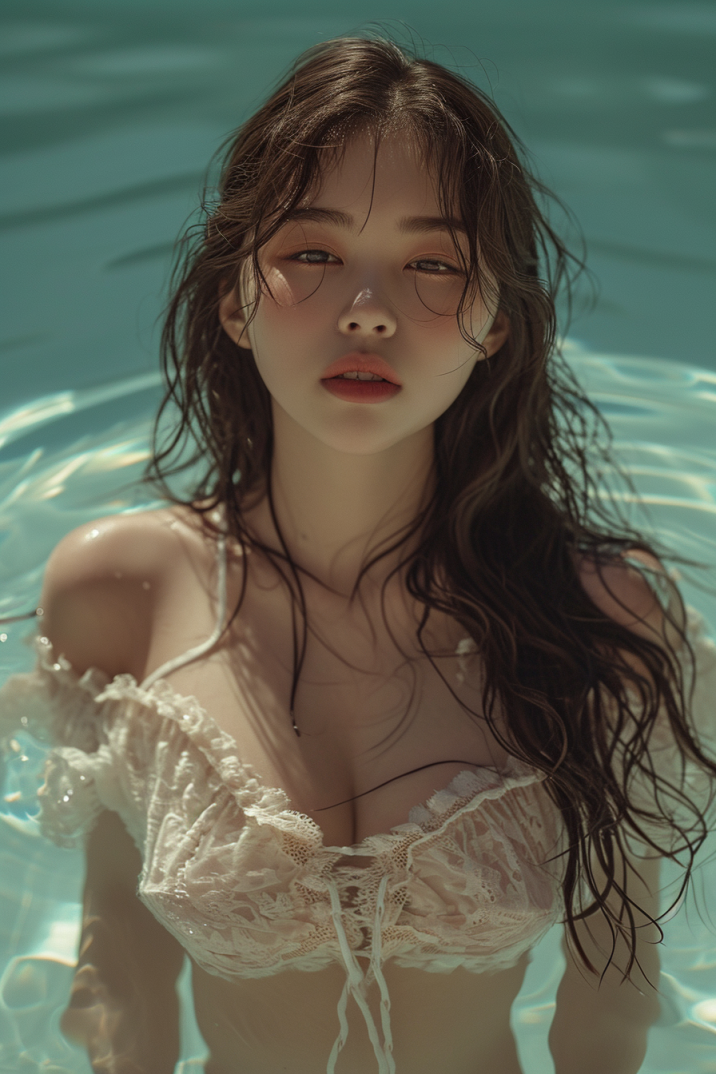 Rococo Reflections: Du Qiong's Wet Marble in South Korean Bikini Model's Pool Oasis | iFoto